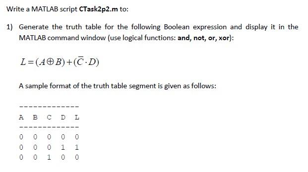 Solved Write a MATLAB script CTask2p2.m to: 1) Generate the | Chegg.com