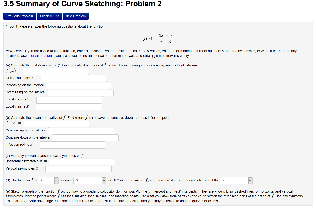 Solved 3.5 Summary of Curve Sketching: Problem 2 Previous | Chegg.com
