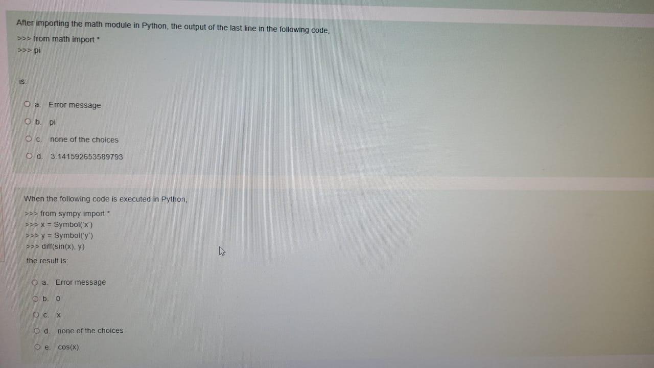 Solved After importing the math module in Python, the output | Chegg.com