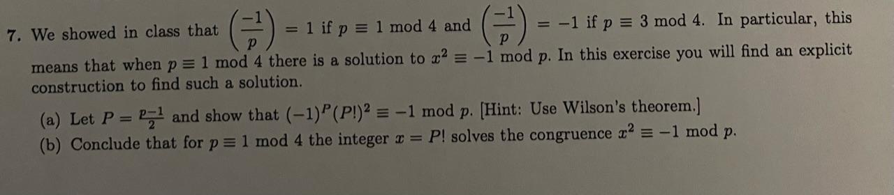 means that when p≡1mod4 there is a solution to | Chegg.com