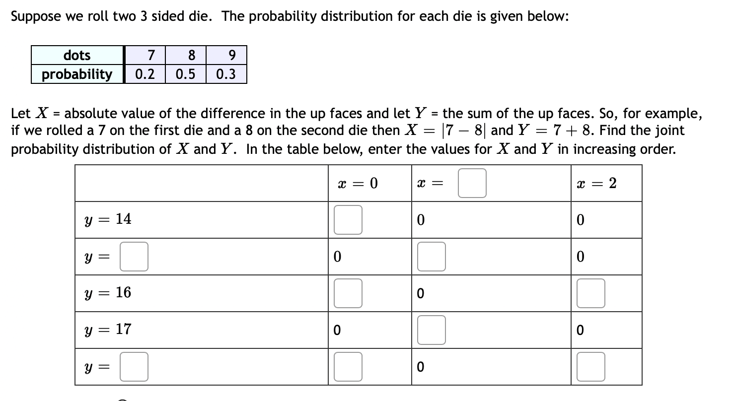 Solved Suppose we roll two 3 sided die. The probability | Chegg.com