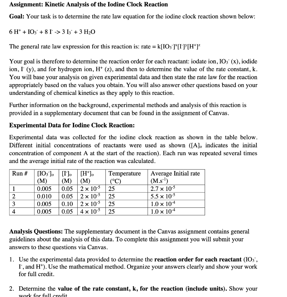 Solved Assignment: Kinetic Analysis of the lodine Clock | Chegg.com
