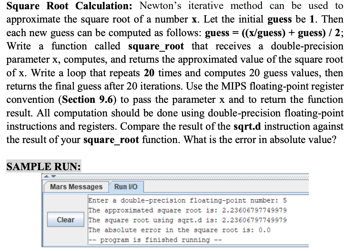 Solved = Square Root Calculation: Newton's iterative method | Chegg.com