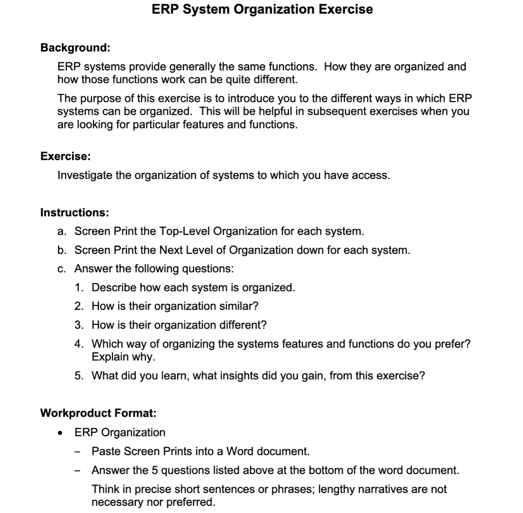 Solved ERP System Organization Exercise Background: ERP | Chegg.com