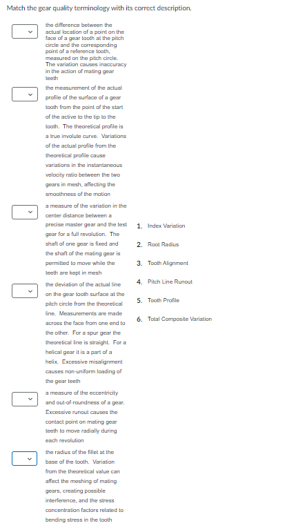 Solved Match the gear quality terminology with its correct | Chegg.com