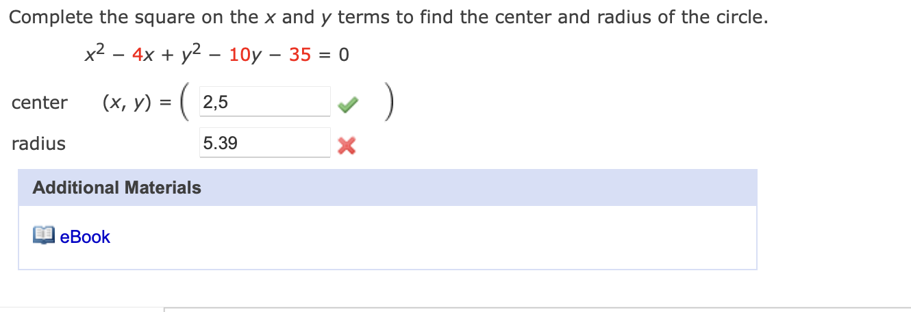 Solved x2−4x+y2−10y−35=0 center (x,y)=() radius | Chegg.com