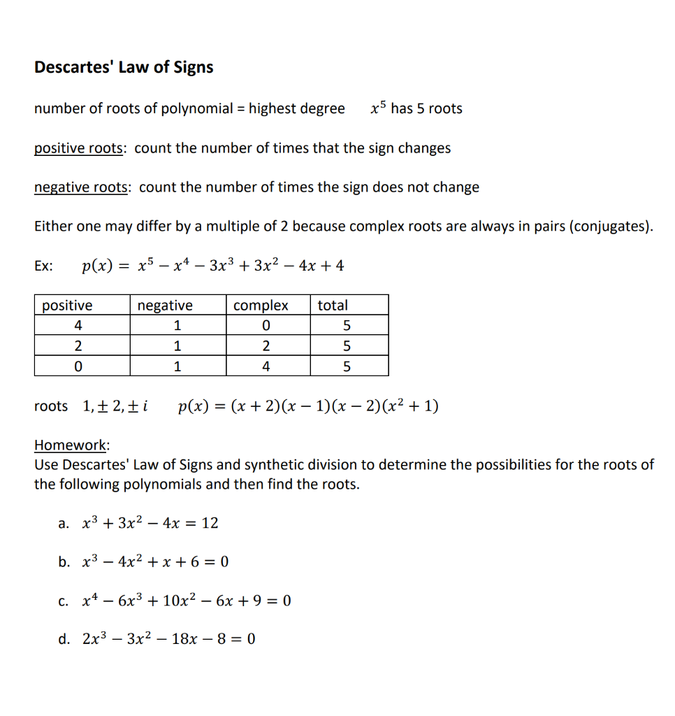 Solved Descartes' Law of Signs number of roots of polynomial | Chegg.com