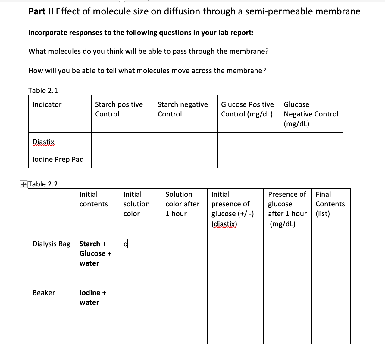 Solved Part II Effect of molecule size on diffusion through | Chegg.com