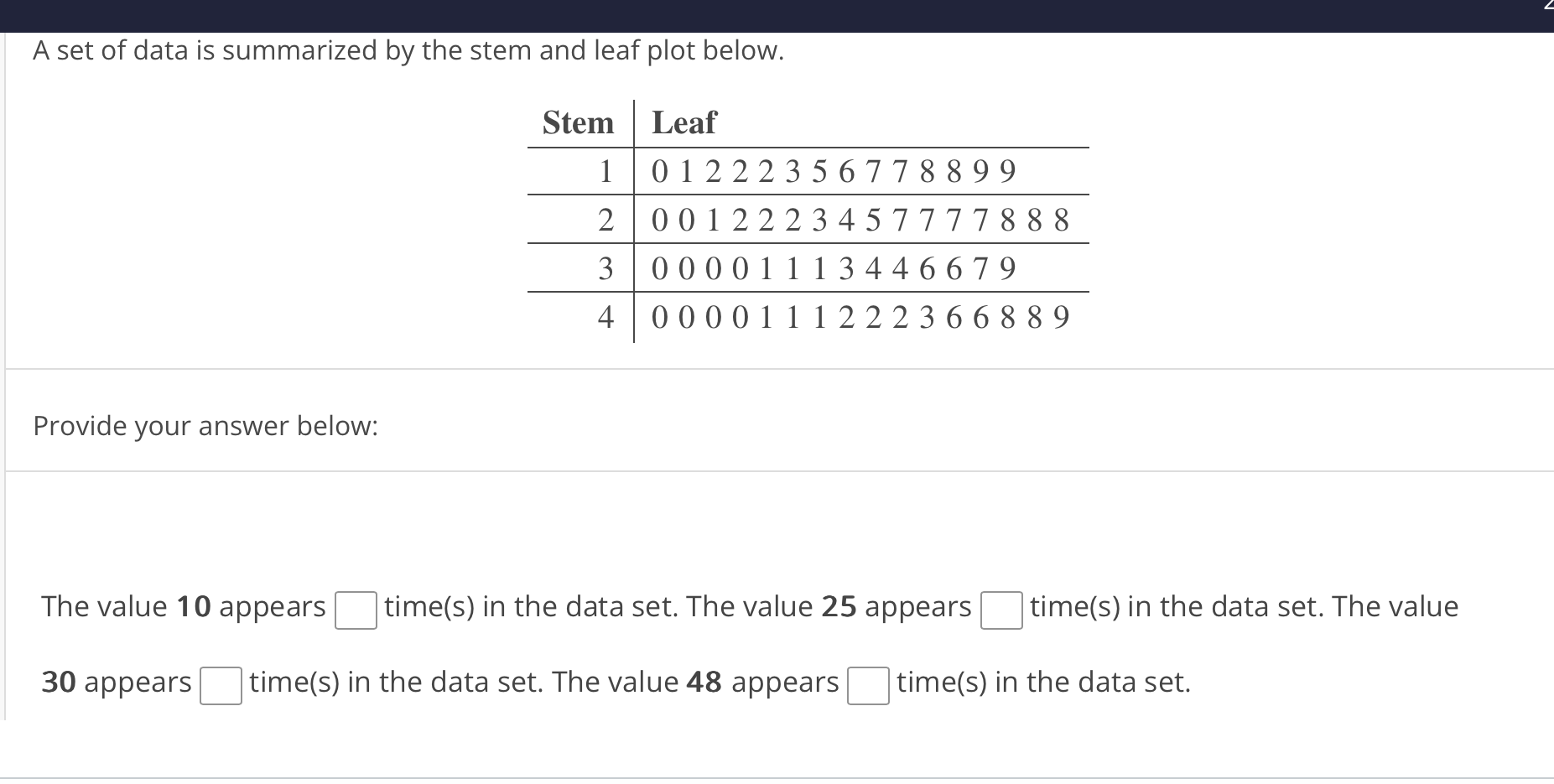 Solved A set of data is summarized by the stem and leaf plot | Chegg.com
