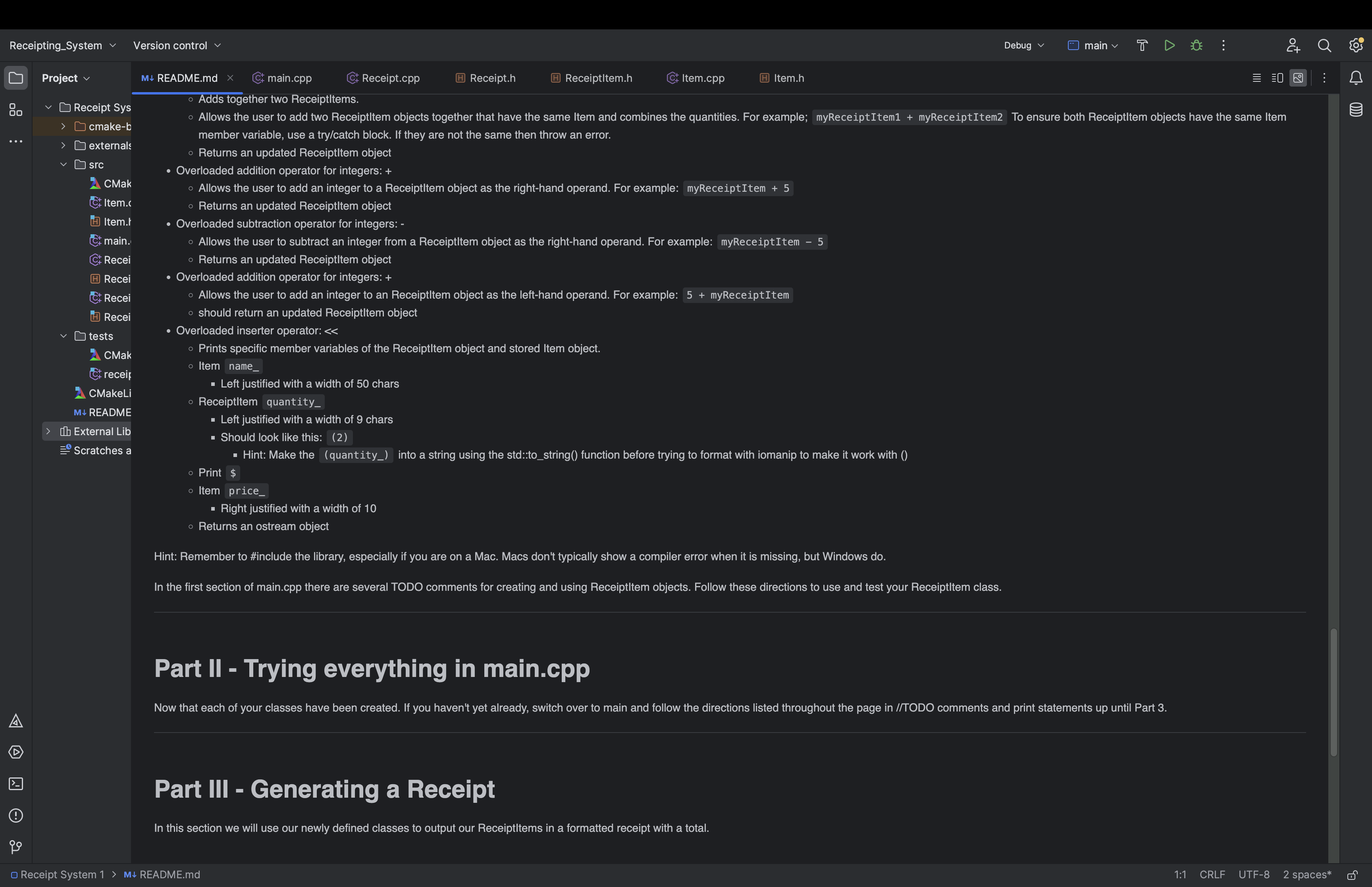 M ↓ README.md C++main.cpp c++Receipt.cpp [H Receipt.h | Chegg.com