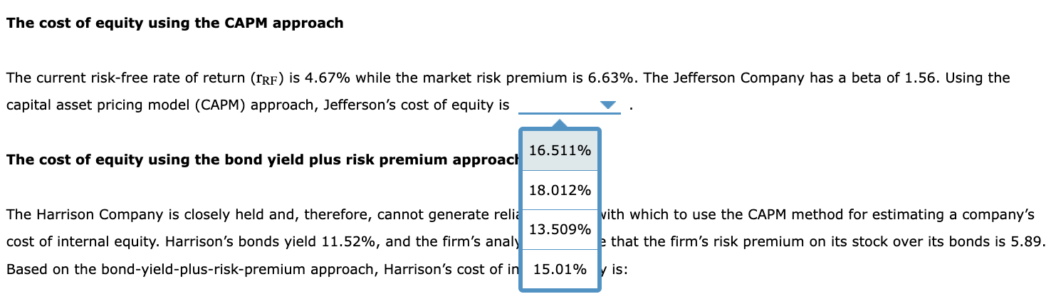 Solved The cost of equity using the CAPM approachThe current | Chegg.com