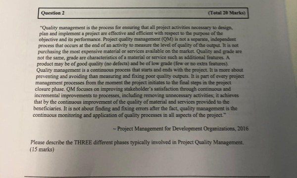 Solved Question 2 (Total 20 Marks) "Quality management is | Chegg.com