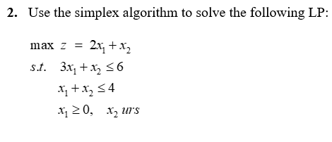 Solved 2. Use the simplex algorithm to solve the following | Chegg.com