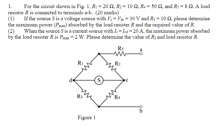 Solved = 1. For the circuit shown in Fig. 1, R1 = 202, R2 = | Chegg.com