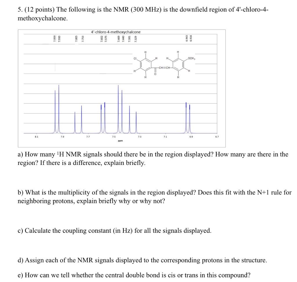 Solved 5.(12 points) The following is the NMR (300 MHz) is | Chegg.com