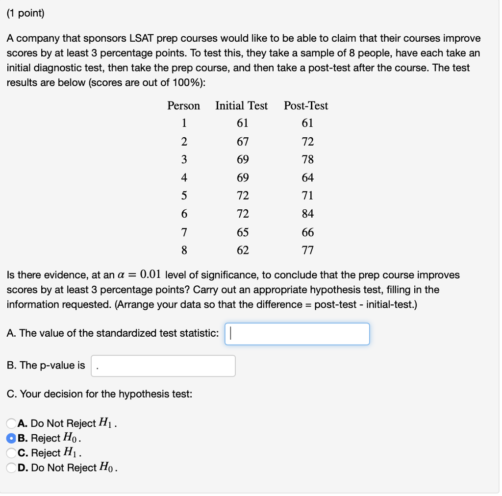 Solved (1 point) A company that sponsors LSAT prep courses | Chegg.com