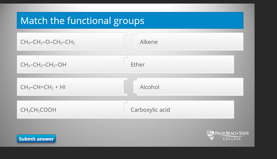 Solved Match the functional groups CH3−CH2−O−CH2−CH3 Alkene | Chegg.com