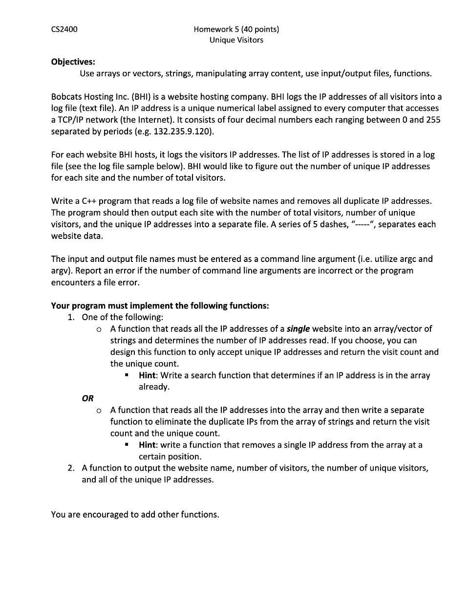 Solved CS2400 Homework 5 (40 points) Unique Visitors | Chegg.com