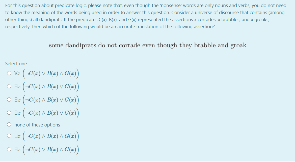Solved For this question about predicate logic, please note | Chegg.com