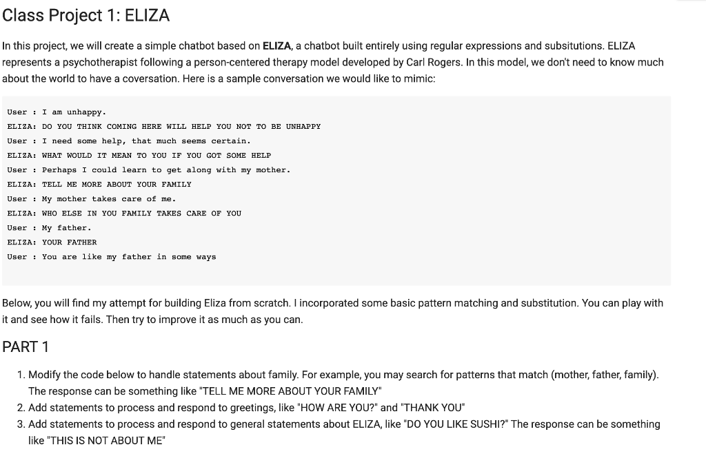 Class Project 1: ELIZA In this project, we will | Chegg.com