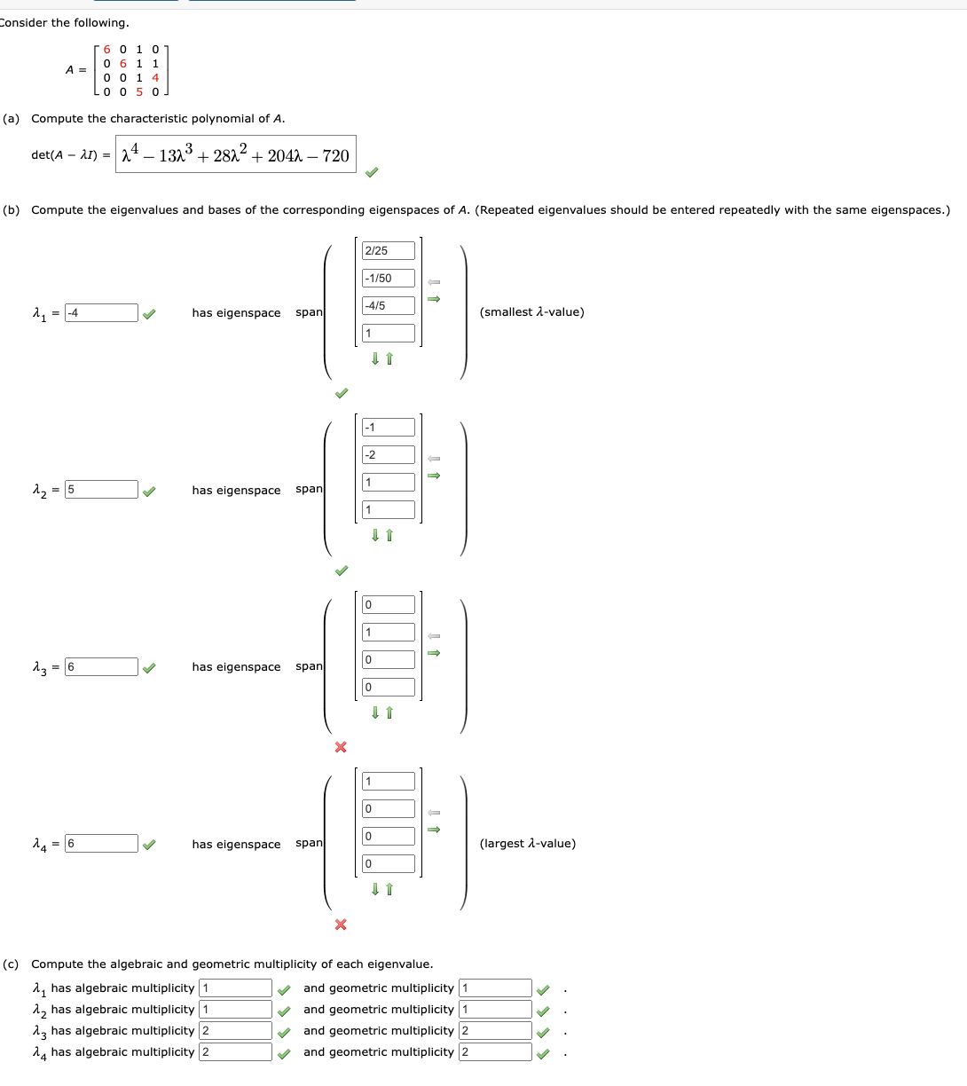 Solved Consider the following. A=⎣⎡6000060011150140⎦⎤ (a) | Chegg.com