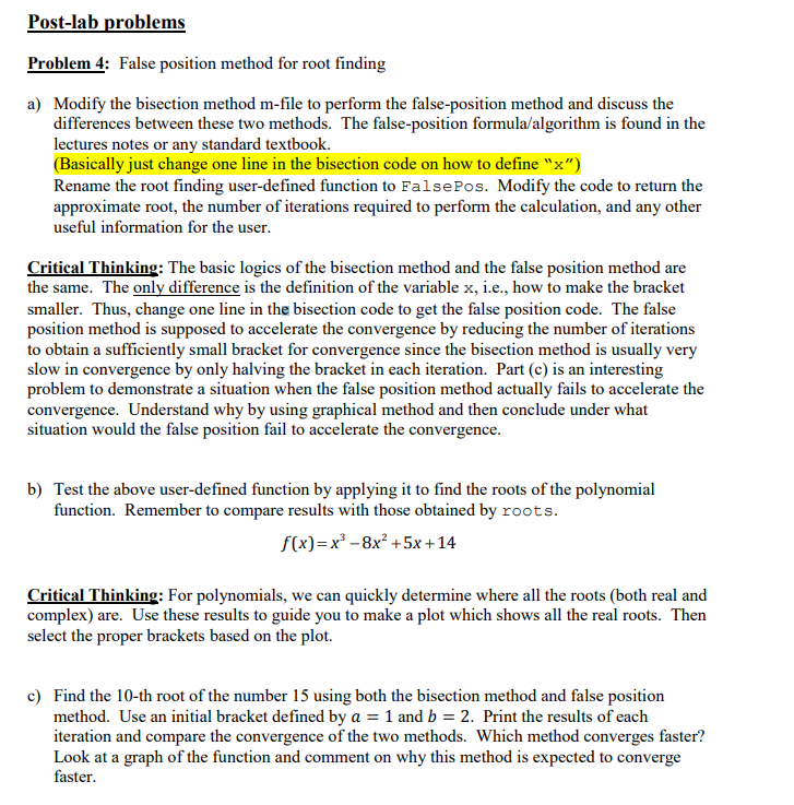Solved Post-lab problems Problem 4: False position method | Chegg.com