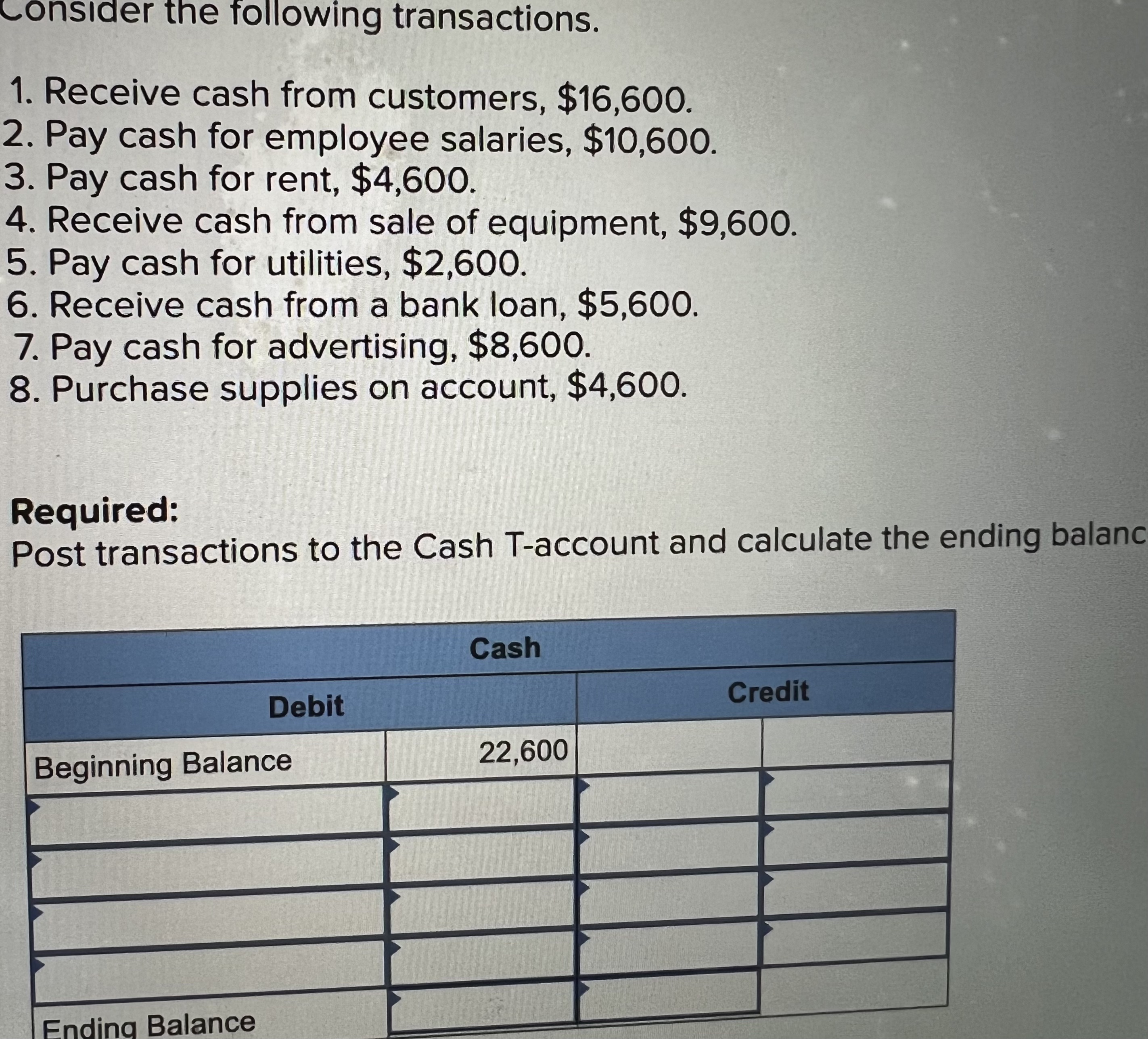 Solved Consider the following transactions. 1. Receive cash | Chegg.com