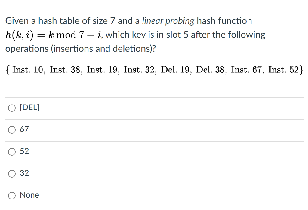Solved Given a hash table of size 7 and a linear probing | Chegg.com