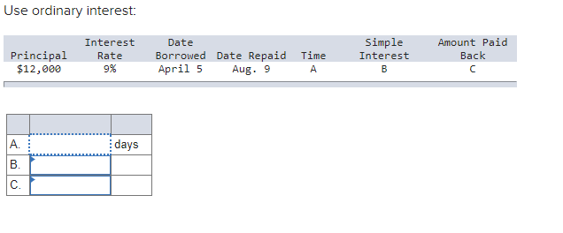 Solved Use ordinary interest: Principal $12,000 Interest | Chegg.com