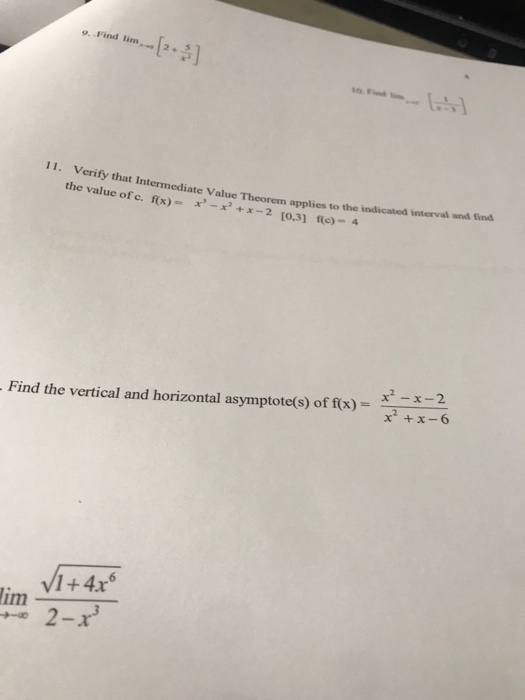 Solved o. Find lim2 o. Find 11. Verify that Intermediate the | Chegg.com