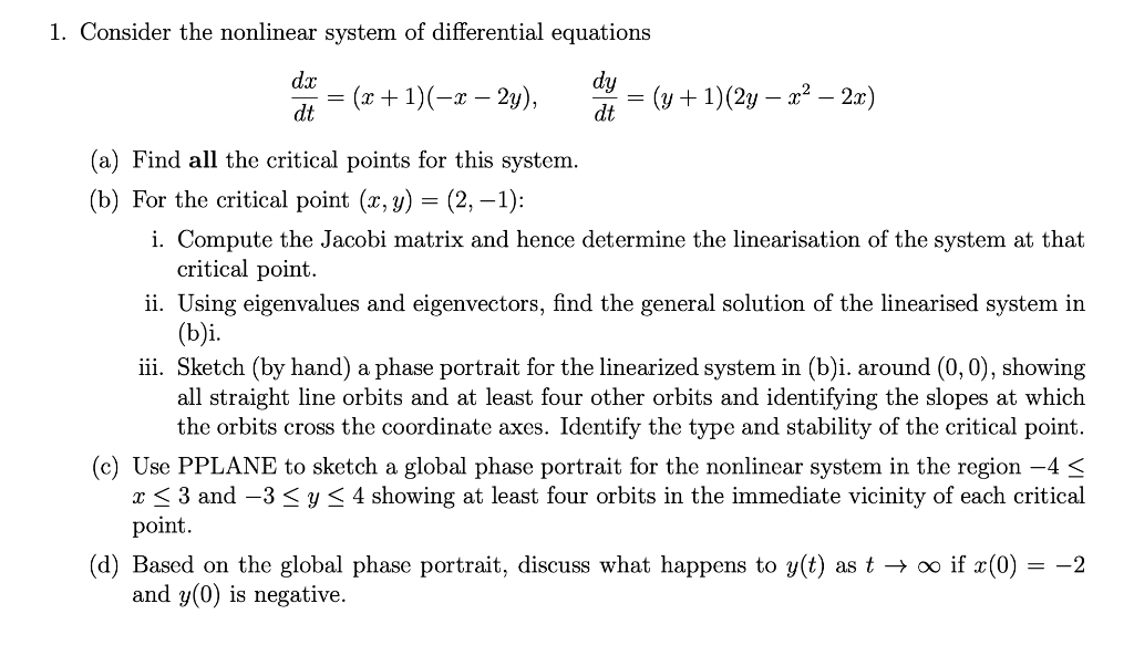 Solved 1. Consider the nonlinear system of differential | Chegg.com