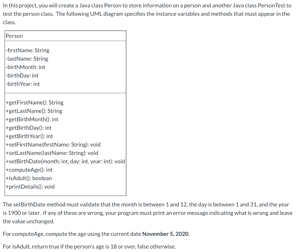 Solved In this project, you will create a Java class Person | Chegg.com