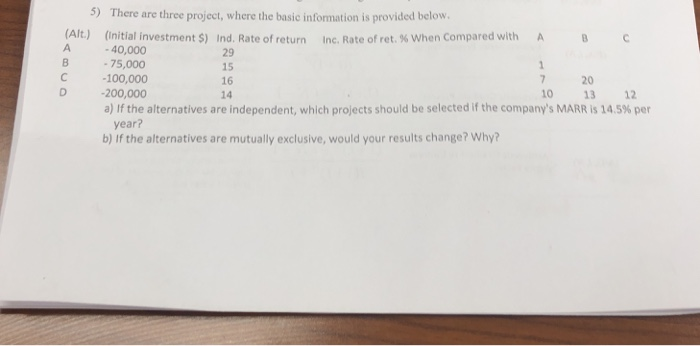 Solved 5) There are three project, where the basic | Chegg.com