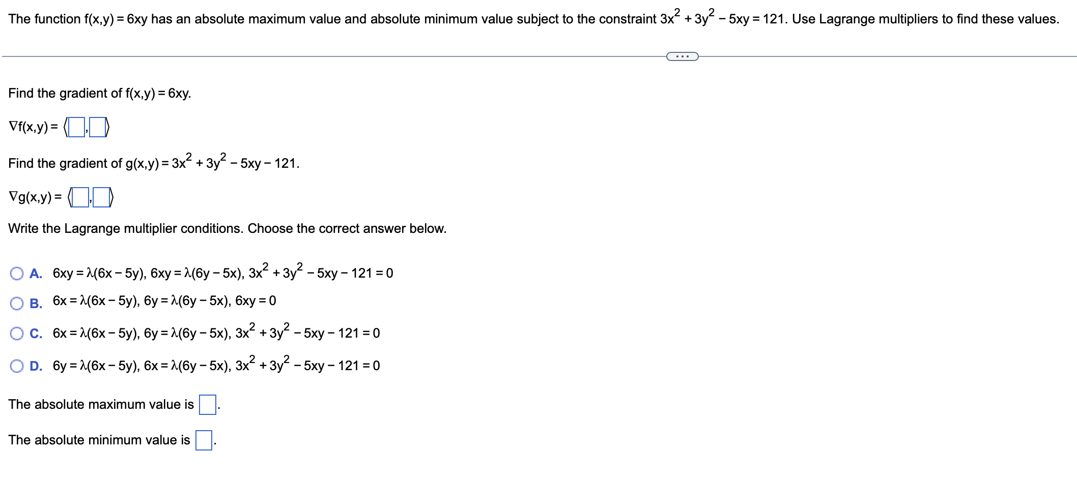 Solved The function f(x,y)=6xy has an absolute maximum value | Chegg.com