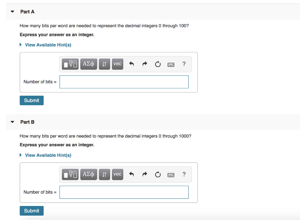 Solved Part A How many bits per word are needed to represent | Chegg.com