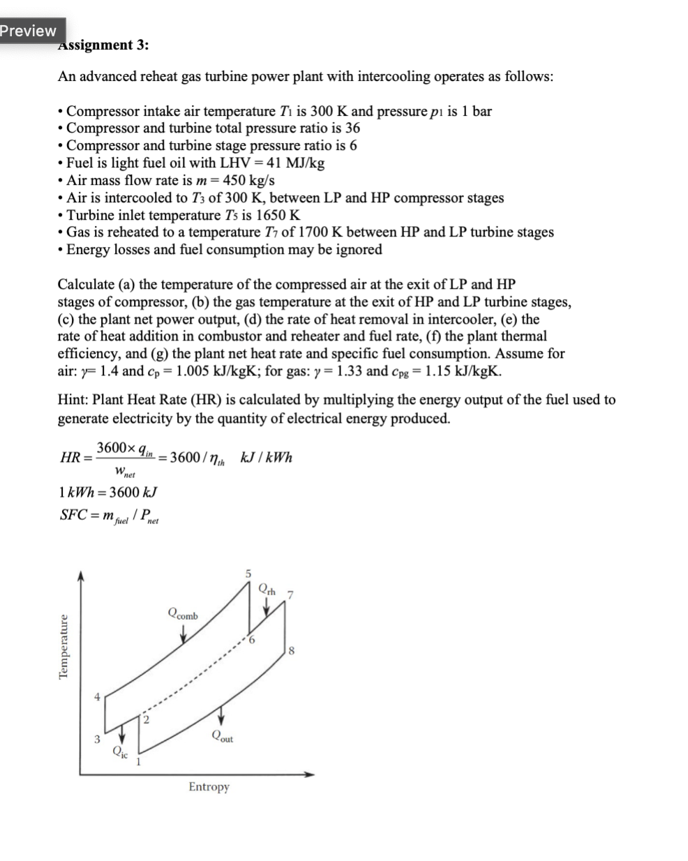 Solved Assignment 3:An ﻿advanced reheat gas turbine power | Chegg.com