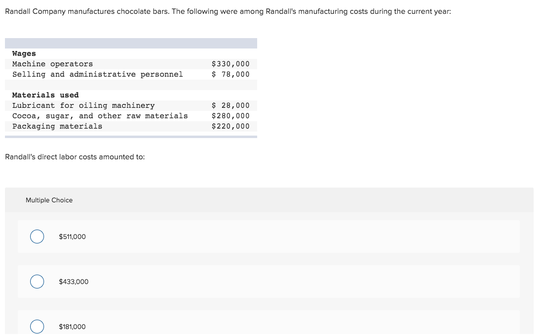 Solved Randall Company manufactures chocolate bars. The | Chegg.com