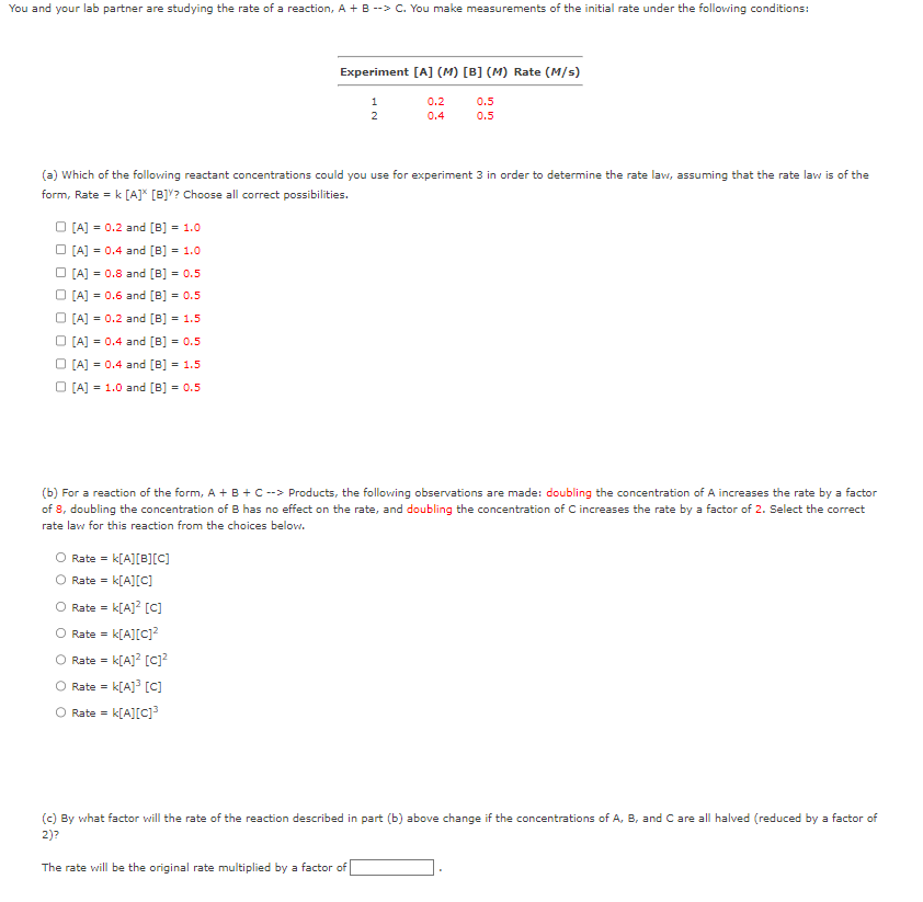 Solved (a) Which of the following reactant concentrations | Chegg.com