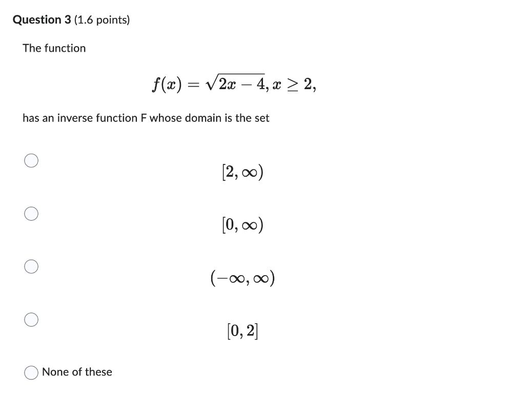 Solved The function f(x)=2x−4,x≥2, has an inverse function F | Chegg.com