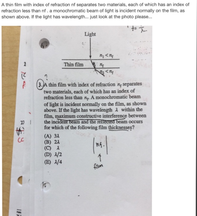 Solved A thin film with index of refraction nf separates two | Chegg.com
