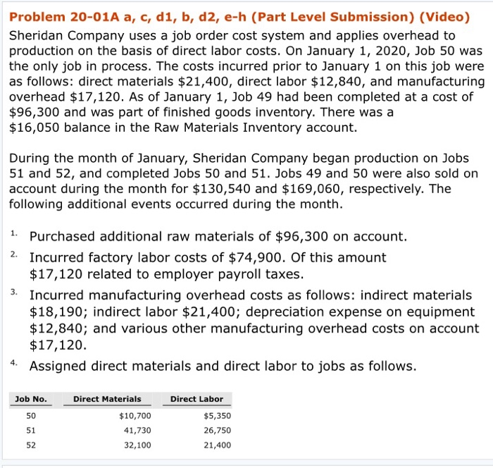 Solved Problem 20-01A a, c, d1, b, d2, e-h (Part Level | Chegg.com