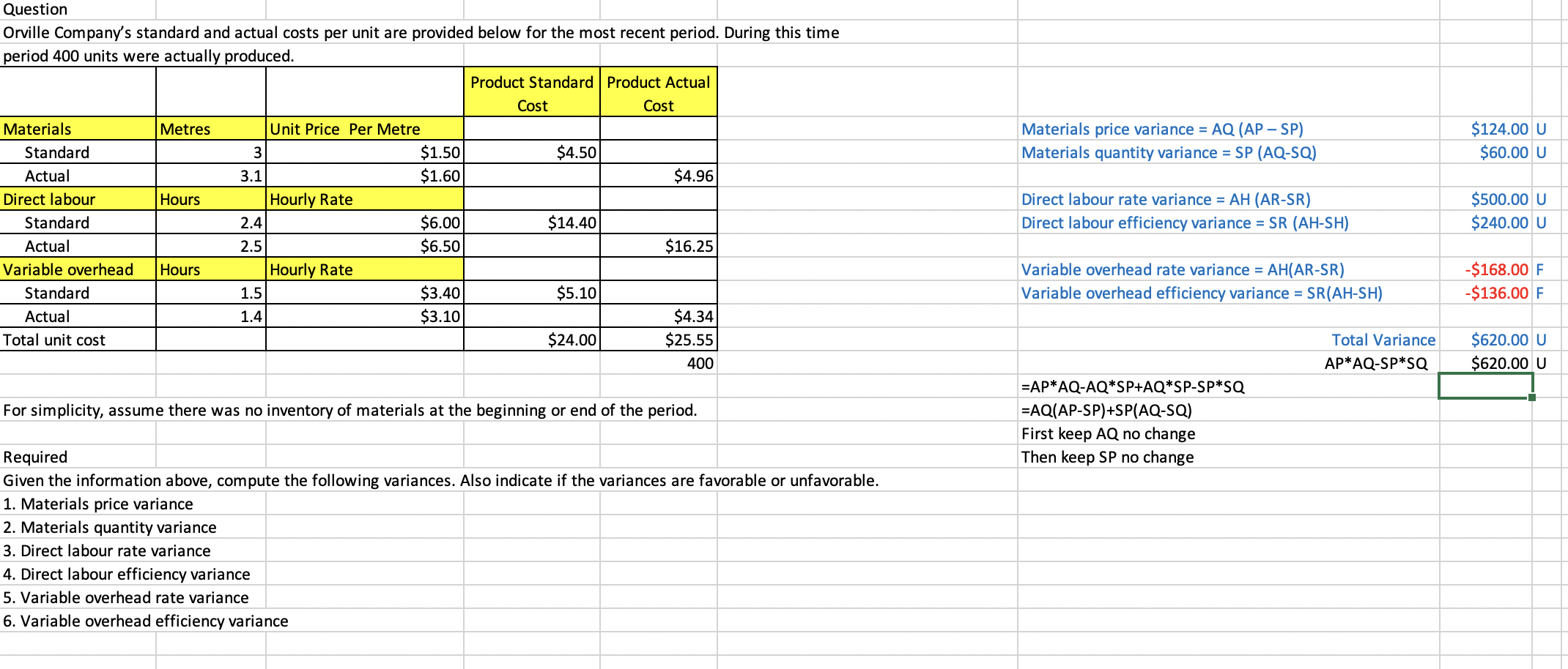 Solved Question Orville Company's standard and actual costs | Chegg.com