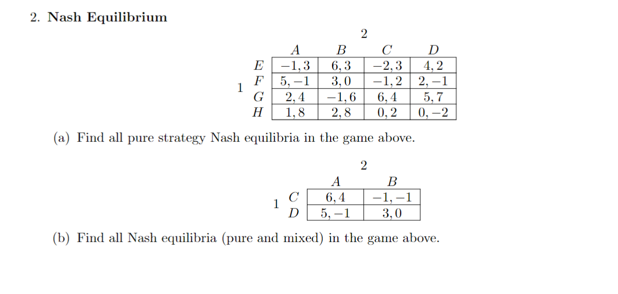 Solved 2. Nash Equilibrium (a) Find all pure strategy Nash | Chegg.com