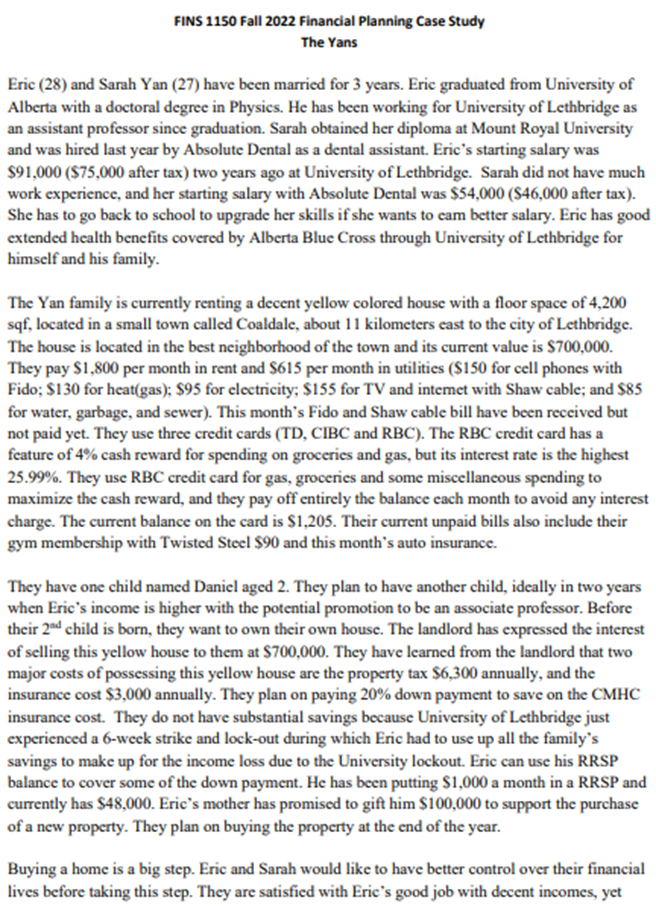 FINS 1150 Fall 2022 Financial Planning Case Study The | Chegg.com