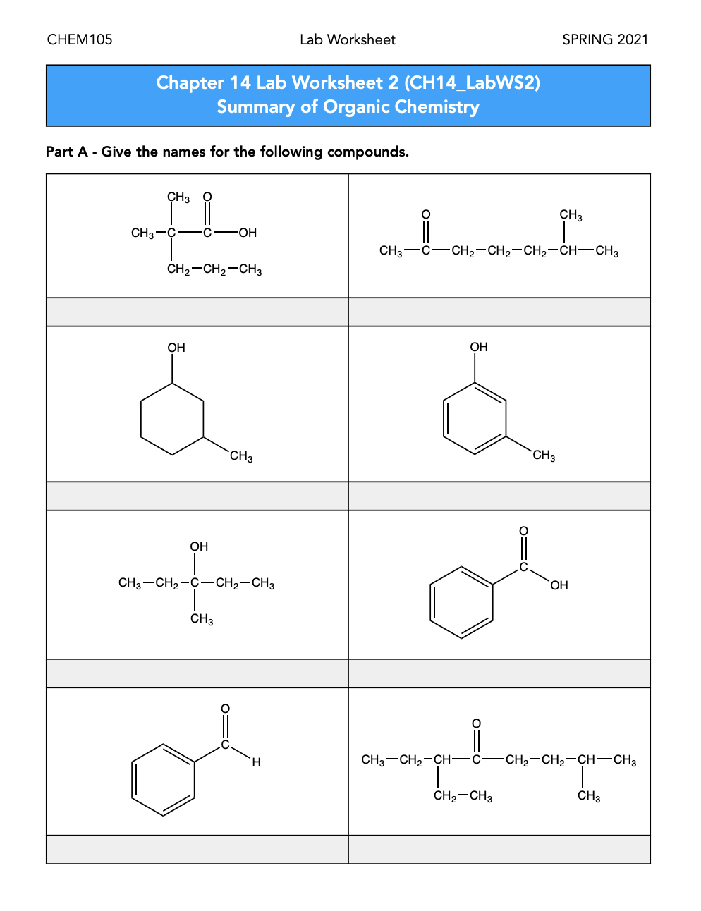 Solved CHEM 105 Lab Worksheet SPRING 2021 Chapter 14 Lab | Chegg.com