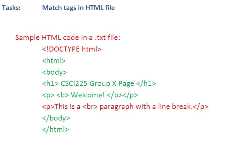 Solved Tasks: Match tags in HTML file Sample HTML code in a | Chegg.com