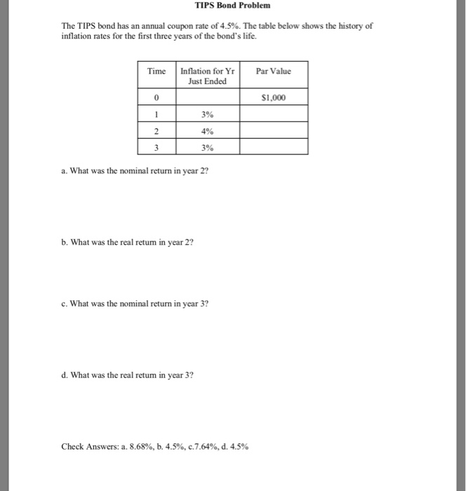 Solved TIPS Bond Problem The TIPS bond has an annual coupon | Chegg.com
