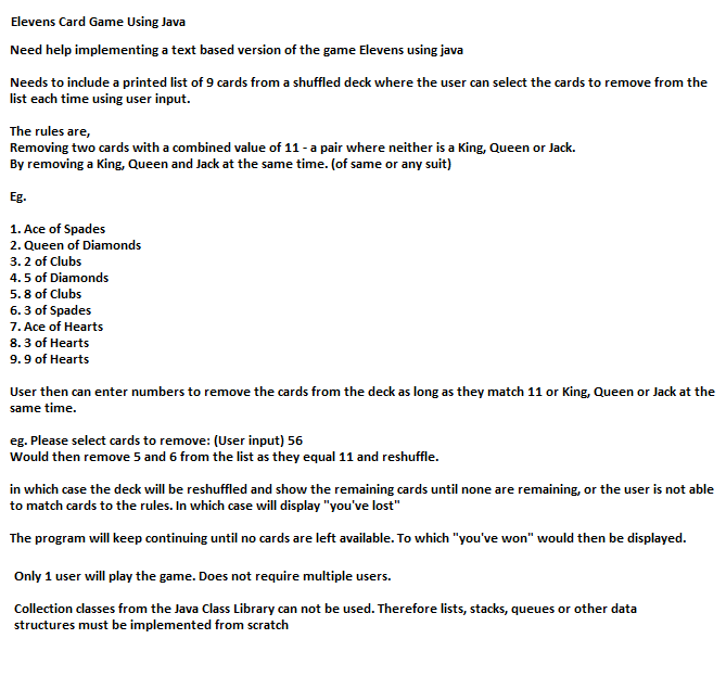 Solved Elevens Card Game using Java. Need help implementing | Chegg.com