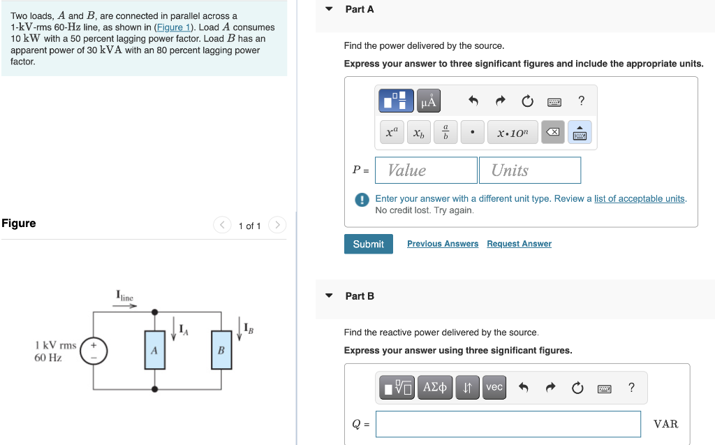 Solved Part A Two loads, A and B, are connected in parallel | Chegg.com