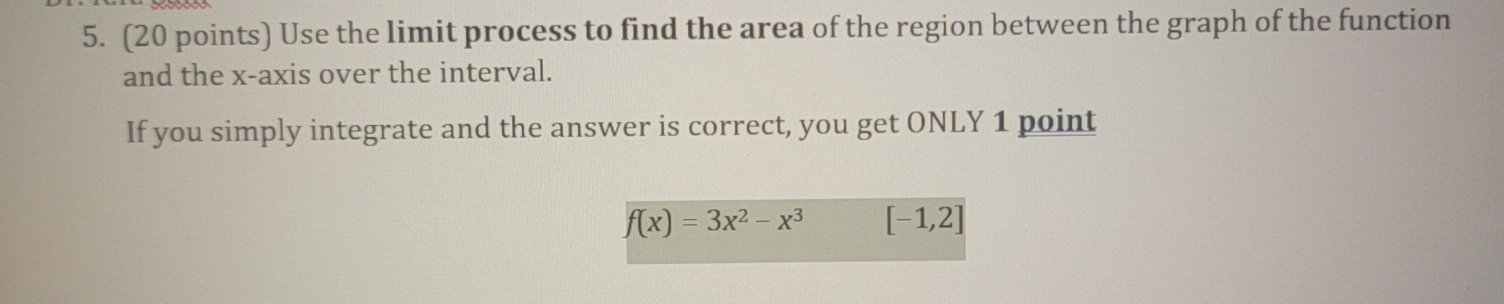 Solved 5. (20 points) Use the limit process to find the area | Chegg.com
